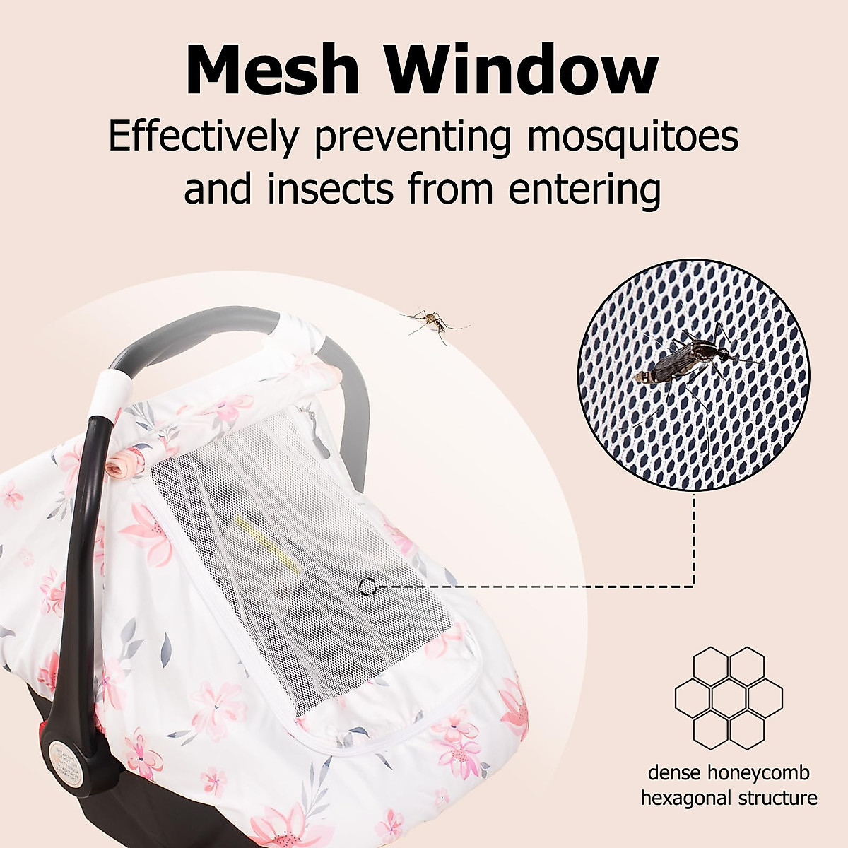 3-in-1 Car Seat Cover Baby, Breathable Peekaboo Sunshade and Mosquito Net, Universal Fit Infant Car Seat, Stretchy Canopy with Portable Storage Bag, Soft and Lightweight