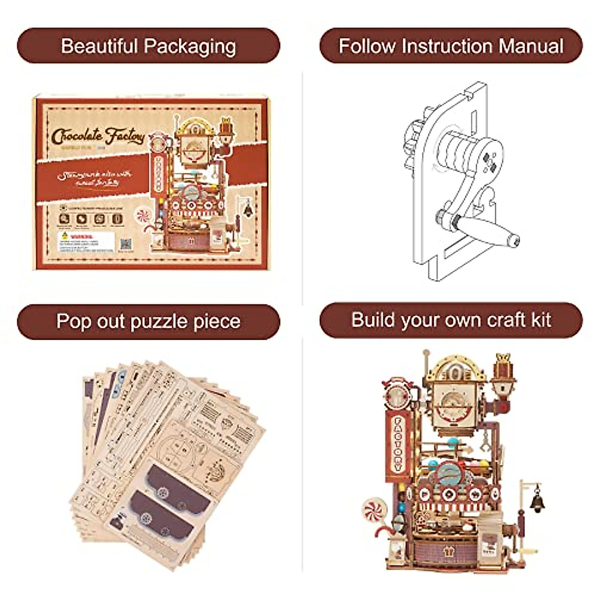 Rowood 3D Puzzles for Adults, Marble Run Wooden Model Kits for Adults, DIY STEM Mechanical Building Set, Birthday for Teens Boys Age 14+ - Chocolate Factory