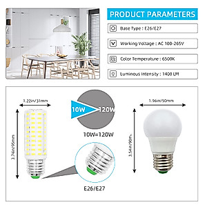 E26 10W LED Light Bulbs Super Bright, Equivalent 120W Chandelier Bulbs, Daylight White 6500K 1400LM Non-Dimmable Compact 100-265V E26 Medium Screw Base Bulbs Ceiling Fan Light Bulbs, Pack of 2