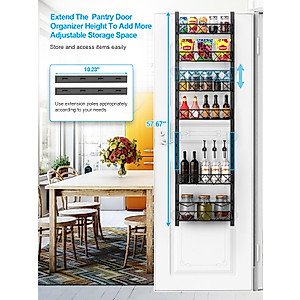 Fulpower Over the Door Pantry Organizer, 6+1 Pantry Door Organizer with Adjustable Basket, Metal Spice Rack Storage for Kitchen Pantry Black (Black 6 Tier)