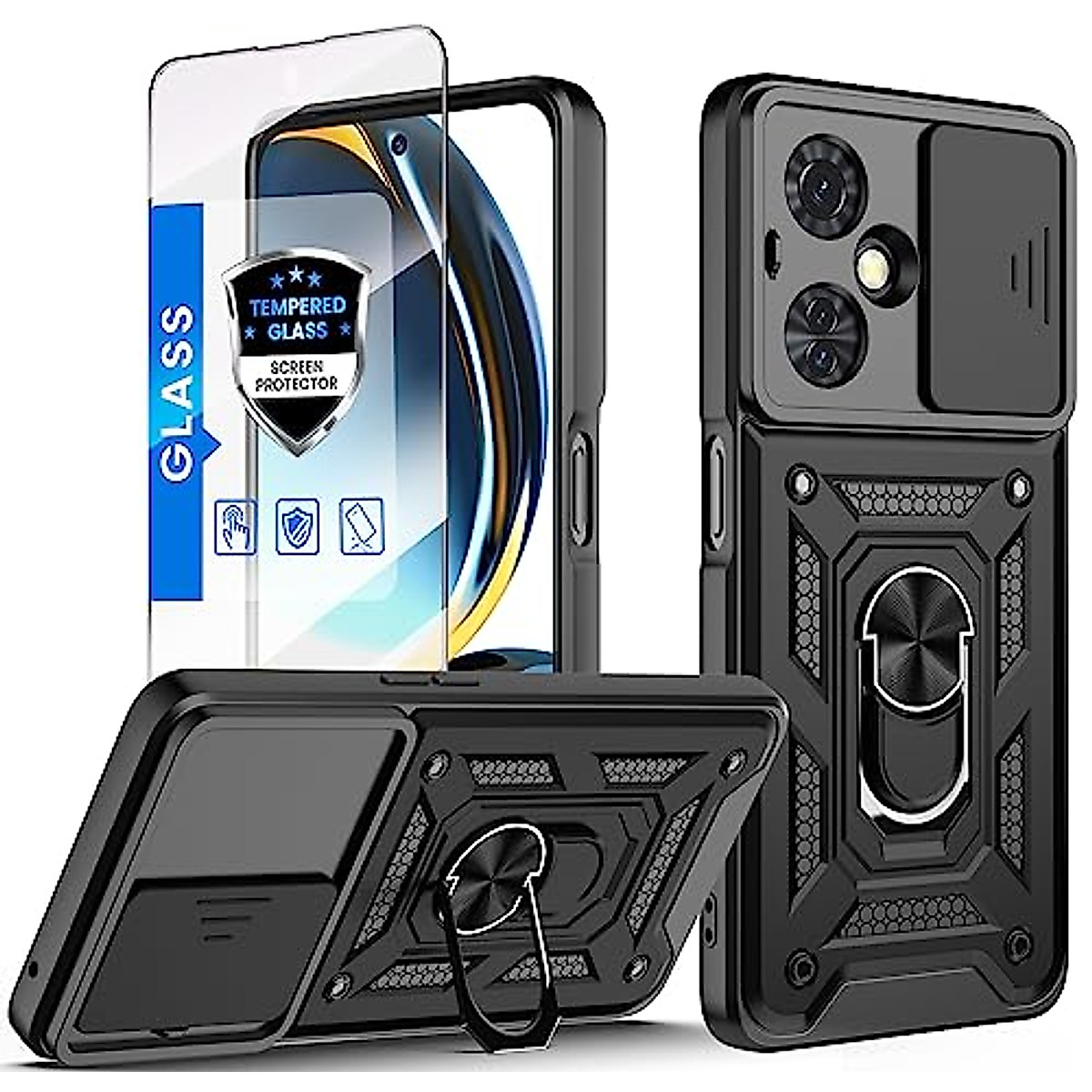 Dretal for OnePlus Nord N30 5G Case, with Stand Kickstand Ring and Camera Cover with Tempered Glass Screen Protector, Military Grade Shockproof Protective Cover for OnePlus N30 5G (Black)