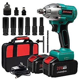 Kinswood Cordless Impact Wrench, 1/2 Chuck Impact Driver/Drill/Screws with 3100RPM Variable Speed, Torque 320 ft-lbs,20v 2xLithium-Ion 3.0AH Battery Pack Safety Lock Design