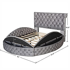 Round Upholstered Full Beds with Storage Modern Velvet Platform Bed with Deep Button Tufting Headboard and Footboard Tufted Bed with Storage Compartments in Rails and Ottoman, Gray