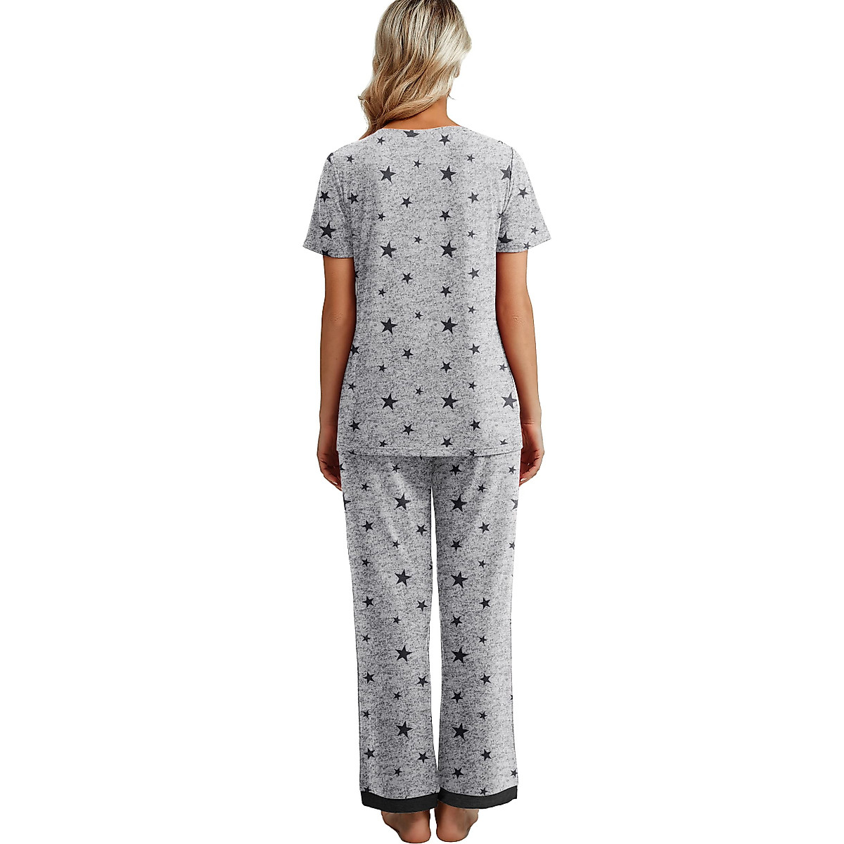PrinStory 2024 Womens Pajama Set Short Sleeve Sleepwear Ladies Soft Pjs Lounge Set with Pockets Black Star Gray-L