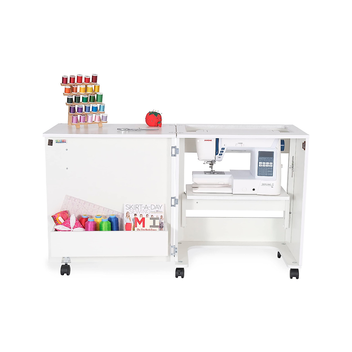 Arrow Sewing Classic Furniture “Judy” Sewing Cabinet: Portable, Folding, Compact, Locking Wheels, with Storage Bin and Hydraulic Machine Lift-White