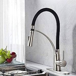 RODDEX Pullout Kitchen Faucet Solid Brass Single Handle Kitchen Sink Faucet with 360 Swivel Black Pull Down Sprayer, 3 Hole Deck Plate, Brushed Nickel