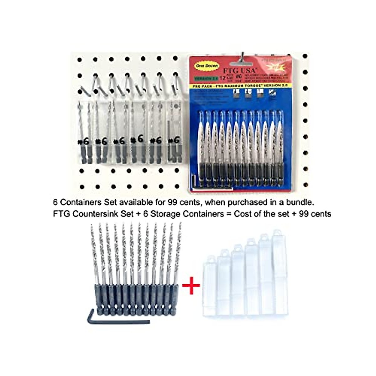 FTG USA Countersink Drill Bit Set 3 Pc #6 (9/64") Wood Countersink Drill Bit Pack Same Size Set with 12 Replacement Bits #6 (9/64") Tapered Countersink Bit, with 1 Hex Wrench,