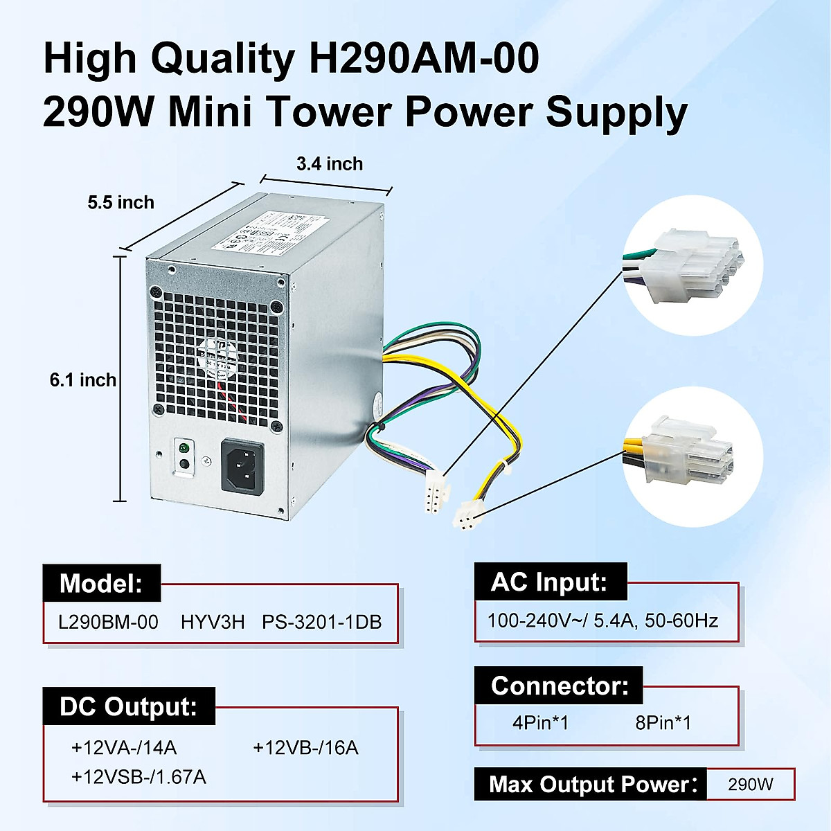 LXun 290W Power Supply Compatible with Dell Optiplex 3020 7020 9020/ Precision T1700/ PowerEdge T20 (MT Mini Tower)(P/N: RVTHD KPRG9 HYV3H H290AM-00 D290A001L L290AM-00 PS-3291-1DF H290EM-00)