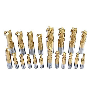 Accusize Industrial Tools 20 Pc Hss Tin Coated End Mill Set, 2 Flute and 4 Flute, Cutting Diameter from 3/16'' up to 3/4'', 1810-0100