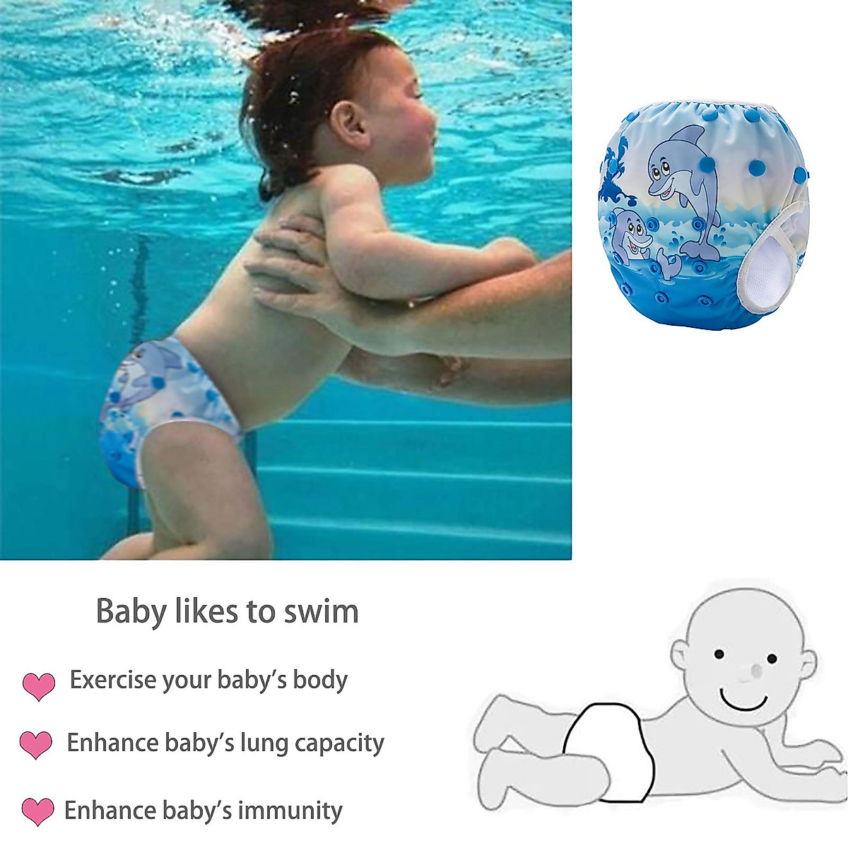 Swim Diaper, Reusable Swim Diaper Adjustable, Soft, Breathable, Waterproof, Boys & Girls Baby Swim Diaper Sizes N–5(6-33lbs)