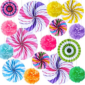 Outus 21 Pcs Candyland Hanging Paper Fans Decorations Candy Party Classroom Decor Lollipop Candy Tissue Paper Fans for Garland Ceilings Candyland Theme Kids Birthday Party Supplies(Pom Poms)