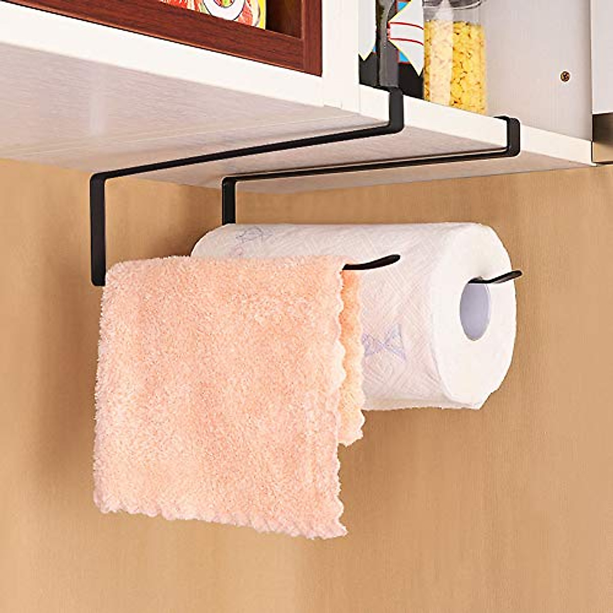 Paper Towel Holder, Black Steel Roll Paper Holder Hanger Storage Organizer for Kitchen Cabinet Paper Towel Rack