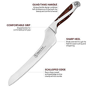 Hammer Stahl 9-Inch Offset Bread Knife - Scallop Serrated Blade - High Carbon German Steel - Ergonomic Quad-Tang Pakkawood Handle