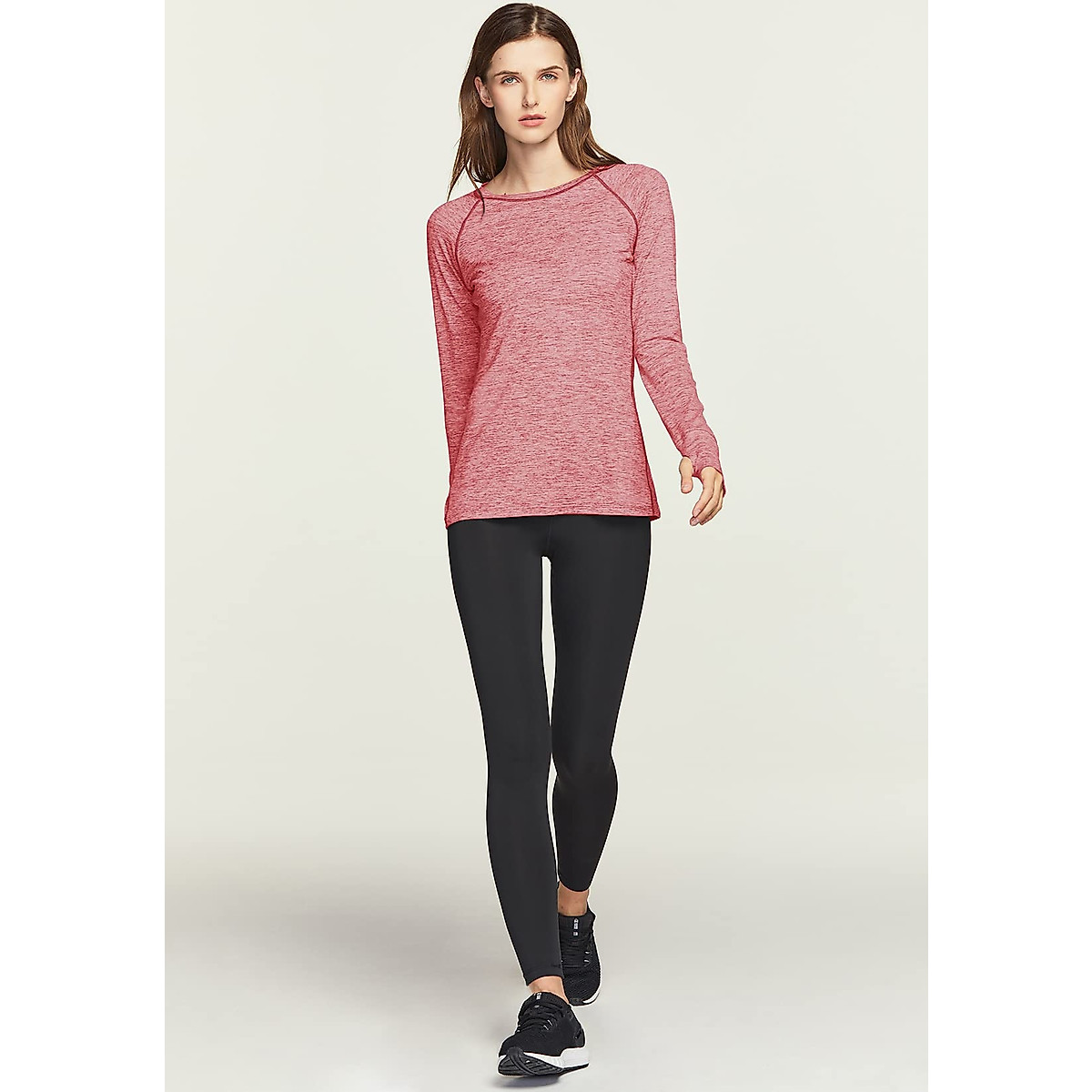 TSLA Women's Long Sleeve Shirts, Lightweight Crewneck Yoga Workout Tops, Athletic Sports Performance Running T-Shirts, Stretch Crew Spacedye Dusty Rose, X-Large