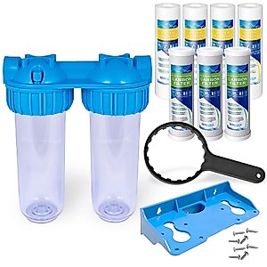 Dual Whole House Water Filter System, Transparent Standard Housings, Presser Relief Valve, 3/4” Inlet/Outlet Brass Port, Yearly supply of Sediment & Carbon Cartridges Meets NSF Standards & Regulations