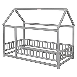 DEYOBED Twin Size Wooden Bed with House Roof Frame and Fence Guardrails, Twin Size Floor Bed Frame for Children - Gray Floor Bed