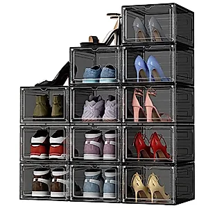 iBune 12 Pack Drop Front Shoe Storage Boxes, Clear Plastic Shoe Organizer for Closet, Easy Assembly, Stackable Foldable Shoe Containers for Display Sneakers Boots, Fit US Size up to 12, Black