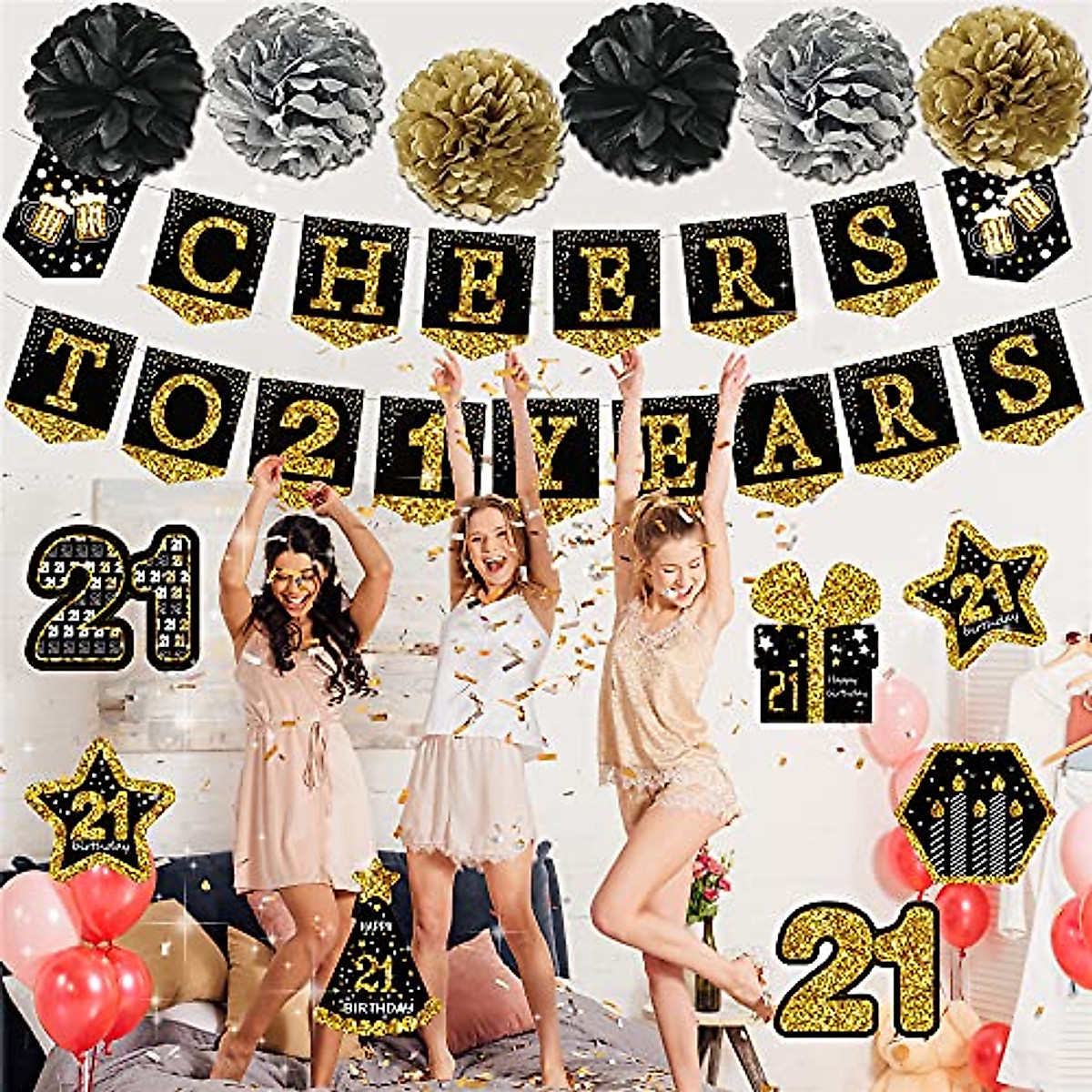 21st Birthday Decorations for him - (21pack) Cheers to 21 Years Black Gold Glitter Banner for him her, 6 Paper Poms, 6 Hanging Swirl, 7 Decorations Stickers. 21 Years Old Party Supplies Gifts for him