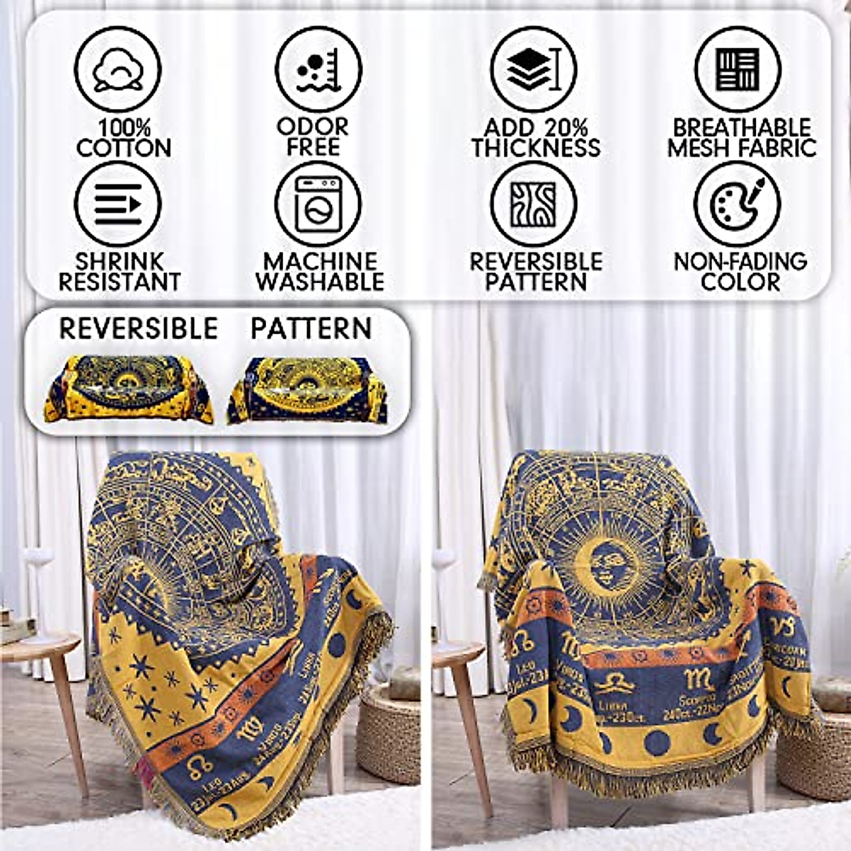 MayNest Boho Woven Throw Blanket Reversible Cotton Bohemian Tapestry Hippie Room Decor Witchy Astrology Zodiac Celestial Constellation Carpet Bed Chair Couch Sofa Cover Double Sided (Yellow, 51x71)