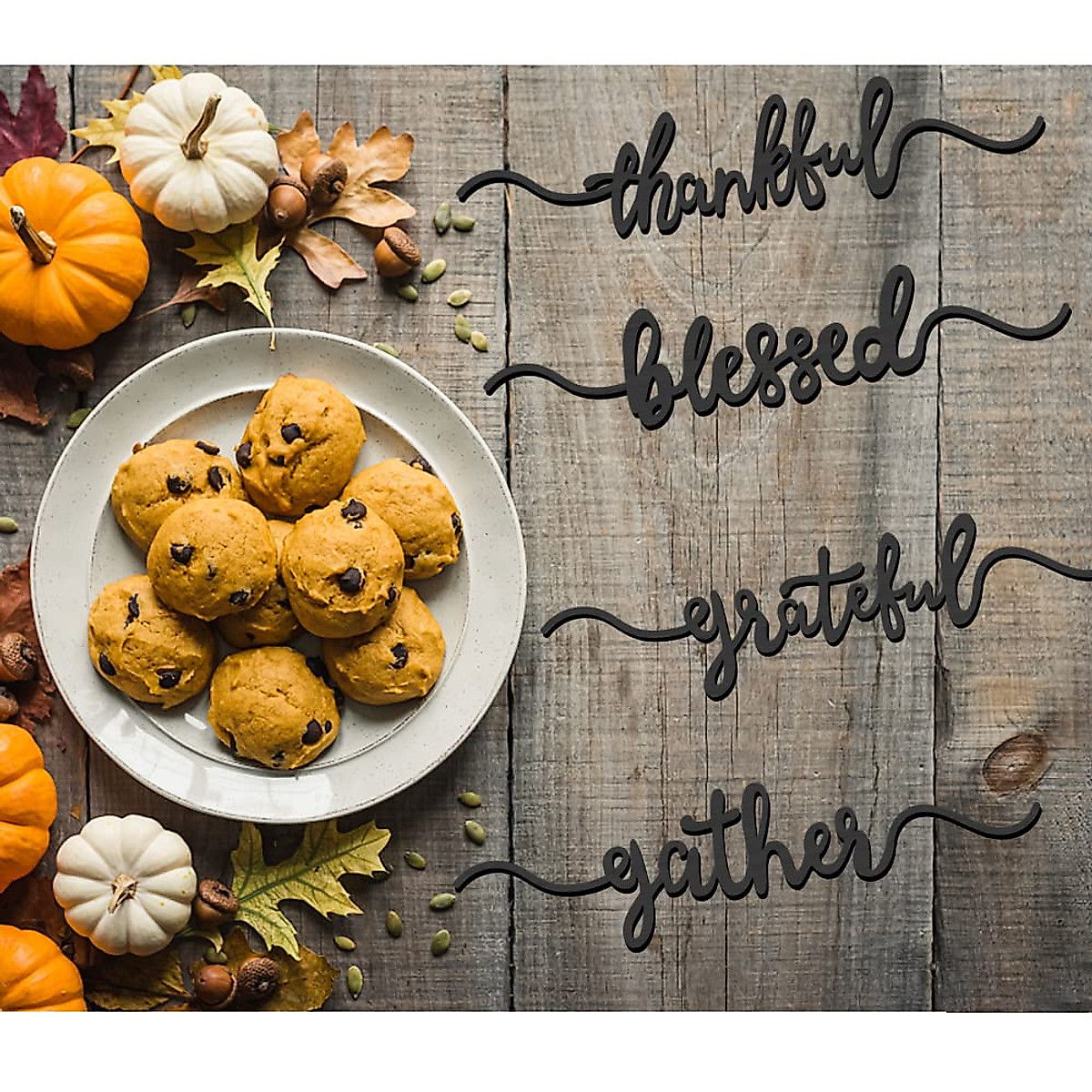 Thanksgiving Cutout Wood Table Place Card Thankful Grateful Blessed Gather Wood Word Table Decorations Fall Themed Thanksgiving Party Table Home Supplies (Black, 8)