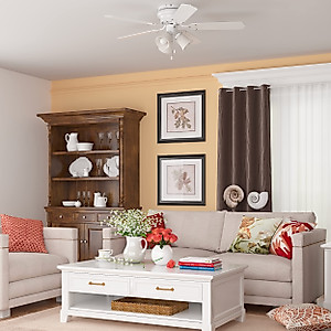 Inlight 42" Classic Flush Mount Ceiling Fan with Pull Chain and 3 Lights, 5 Wood Blades and 3 Speed Reversible Motor, Hugger Ceiling Fan for Small Rooms or Low Ceilings, White Finish, IN-0704-1-WH