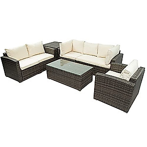 BIADNBZ Patio Furniture Sets 7-Piece Outdoor Coversation Sofa with Chairs,a Loveseat,a Table and a Storage Box for Garden, Beige Cushion