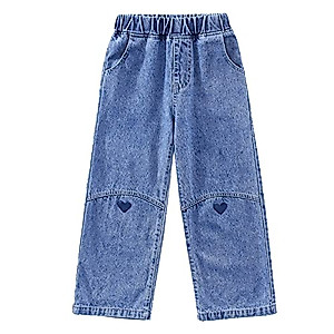 Milokado Big Girls Kids Jeans Casual Elastic Waist Wide Leg Demin Pants Size 5-13 Years (Blue (H), 12-13 Years)