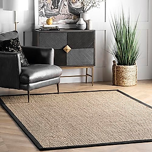 nuLOOM 3x5 Elijah Seagrass Area Rug, Black, Solid Farmhouse Style, Cotton Bordered, Basketweave, Natural Fiber, For Bedroom, Dining Room, Living Room, Hallway, Office, Kitchen, Entryway