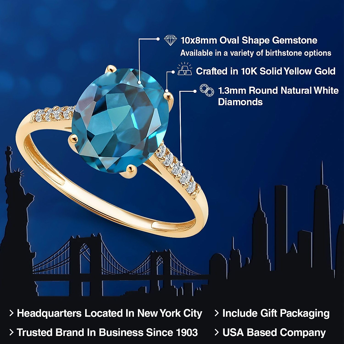 Gem Stone King 10K Yellow Gold 10X8MM Oval Gemstone Birthstone & White Diamond Engagement Ring | Yellow Gold Ring For Women | Available in Size 5-9