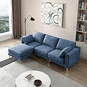 POCIYIHOME 92.9" Convertible Sectional Sofa Couch with Seat Cushion, Modern Leisure L-Shape Couch with 2 Pillows, 4-Seater Sofa Chaise with Metal Legs for Living Room,Bedroom,Office, Polyester, Blue