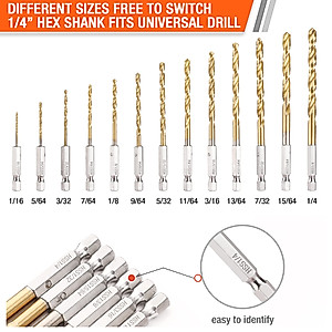 ValueMax Drill Bit Set, Hex Shank Impact Drill Bits with Storage Box, Titanium Coated HSS Twist Drilling Bit Kit for Soft Metal, Wood, PVC, Quick Change Design(13PC, 1/16"-1/4")