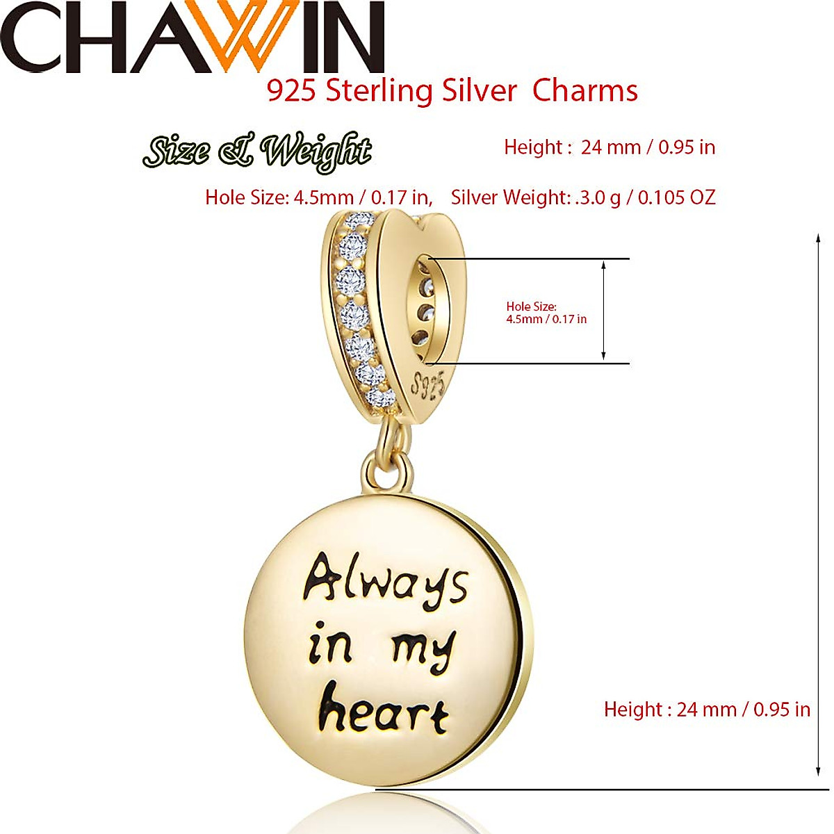 Always in My Heart Sparkling Paw Print Dangle Charm, 925 Sterling Silver Dog Cat Charms, Beads with CZ Stones Compatible with Pandora Charm Bracelet Necklace, Gift for Women/Wife/Mother/Pet Lover