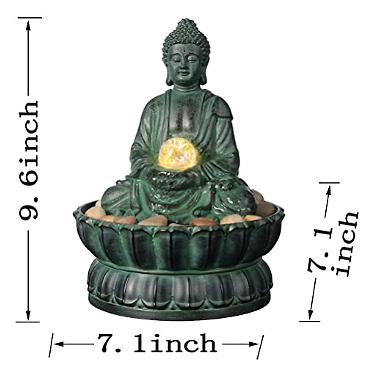 Haobos Indoor Tabletop Fountain Exquisite Sitting Buddha Fountains Meditation Desk Water Fountain Decorative Zen Fountain w/Glass Rolling Ball/LED/Stone Office and Home Decor 9.4" (21127A)