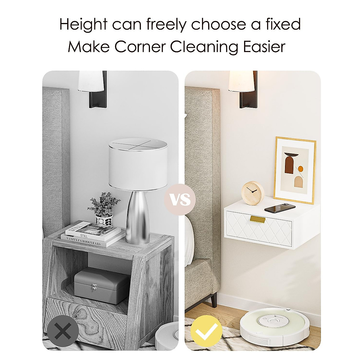 Aobafuir Floating Nightstand Shelf with Drawer, Small Modern Wall Mounted Nightstand, Shelves for Bedroom, White Diamond