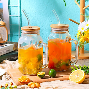 6 Pack 25oz Glass Cups with Lids and Straws Drinking Glasses with Straws Brush and Bamboo Lids Plastic Lids Metal Lids Glass Jar Mugs Glass Tumbler Cups for Cold Coffee Juice and Food Storage