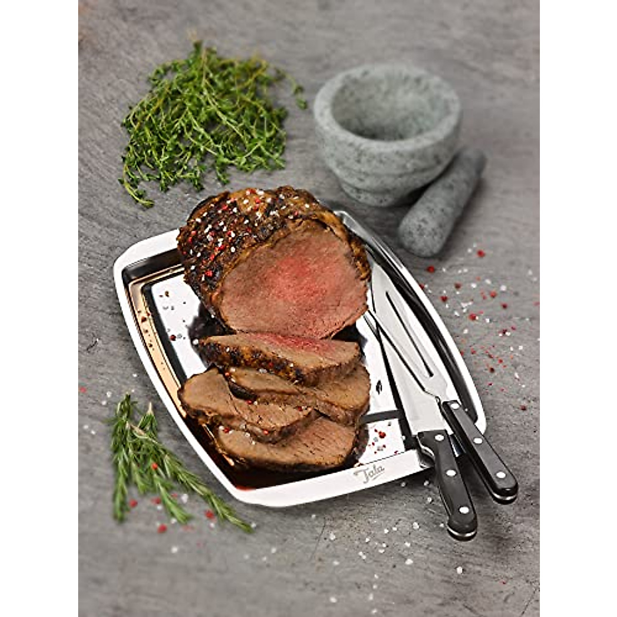 Tala Performance Stainless Steel Carving Tray, with 5 Spikes to Hold Meat Whilst Carving, 35.5cm x 25 cm