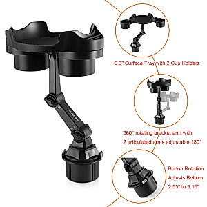 HOLDCY Cup Holder Expander for Car, 360 Degrees Rotate Adjustable 6.3 inches Surface Car Tray Table and Drink Holders with 3 Coaster, Car Cup Holder Tray Apply to All Auto Models