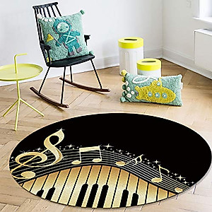 ALAGEO Round Area Rugs Music Piano Key Soft Carpets Indoors/Living Dining/Bedroom/Children Playroom Crawl Rug Floor Mats Yoga Mat, Gold Black 4 ft Diameter
