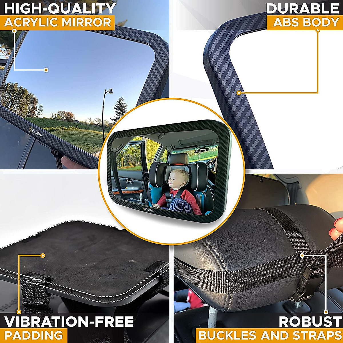 EcoNour Baby Car Mirror - 11.5 x 7.5 inches Safety Car Seat Mirror for Rear Facing Infant with 360 Degree Rotatable Shatterproof Baby Mirror for Car - Monitor Your Child using Car Baby Mirror