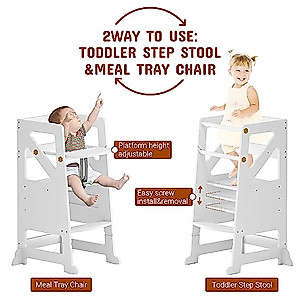 Rendpas Toddler Step Stool With Meal Tray, Wooden Kids Learning Tower For Kitchen Helper and Convertible High Chair, Adjustable Bathroom Step Stool With Safety Rail (White)