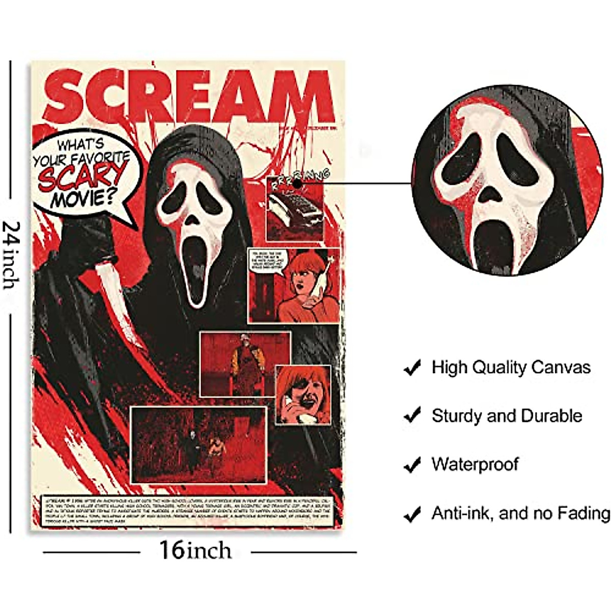 Scream Poster Horror Movie Posters Canvas Poster Wall Art Prints Painting for Living Room Decoration Gift 16" x 24" Unframed