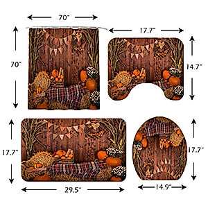 4Pcs Rustic Banner Pumpkins Farmhouse Shower Curtain Set with Non-Slip Rugs, Toilet Lid Cover Bath Mat, Pumpkins Maple Leaves Shower Curtain with 12 Hooks for Bathroom (Rustic Banner Pumpkins)