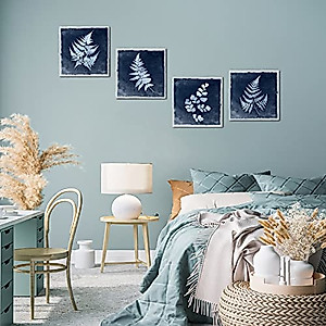 HOMEOART Navy Blue Plant Pictures Wall Art Bathroom Decor Fern Painting Canvas Prints Botanical Wall Art Framed Living Room Kitchen Dining Room Decor 12 x 12 Inch x 4 Panels