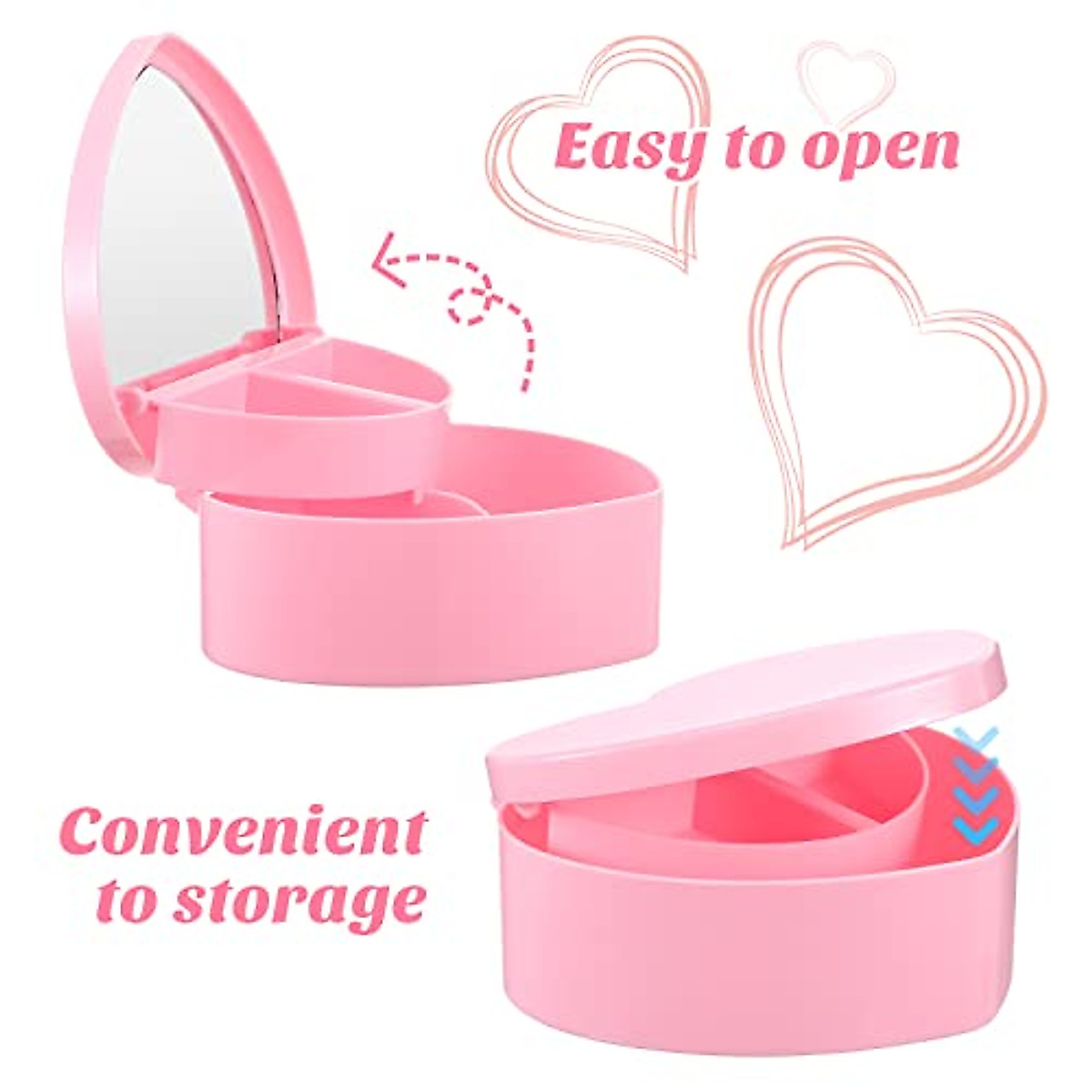 Cabilock Romantic Jewelry Box for Children's day Gift :Plastic Pink Jewelry Storage Organizer with Heart Make Up Mirror Jewelry Display Case for Earrings Rings Bracelets Gift for Girls Women