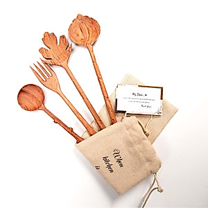 BVicHair 4 Wooden Spoons and Forks Set, Set Wooden Salad Spoons, Real Housewives Gifts, Kitchen Gifts for Women, Handmade Gifts for Mother's Day, Cute Kitchen Accessories, Unique Kitchen Gifts