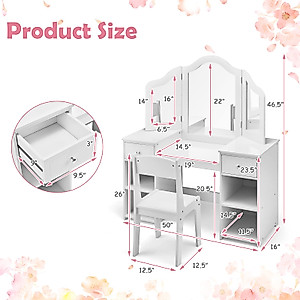 AKUSTIK Kids Vanity, 2 in 1 Wooden Princess Makeup Table and Chair for Toddlers with Tri-Folding Detachable Mirror, Storage Drawers for Little Girls, Pretend Beauty Dressing Desk Play Set Toy Gift