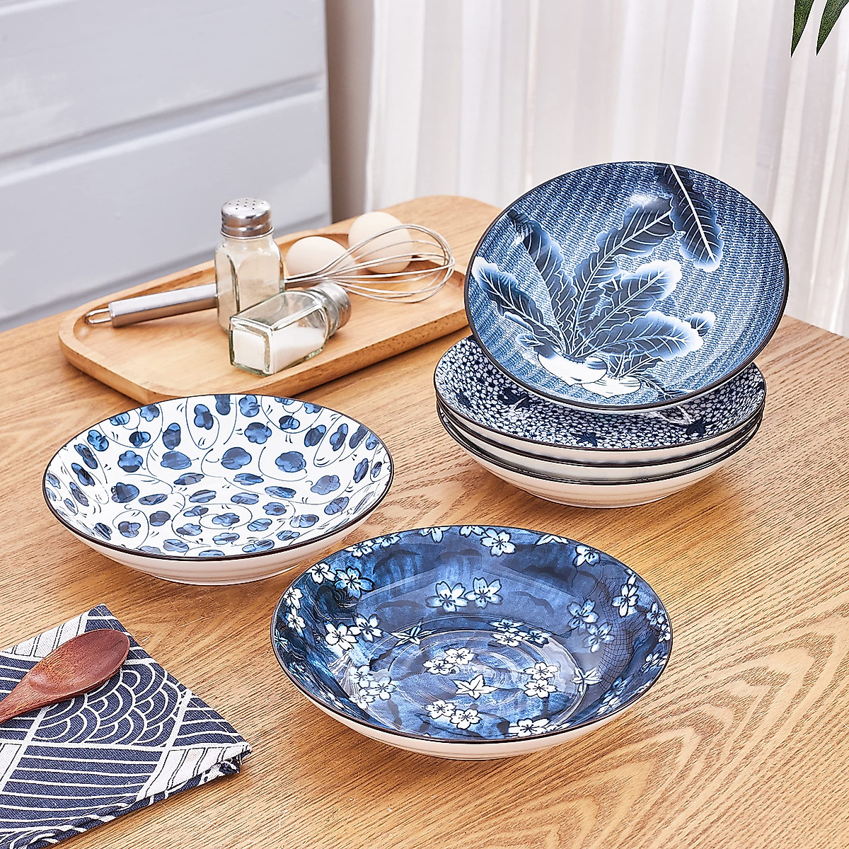 Swuut Ceramic Salad Bowls,Blue and White Pasta Bowls Set of 6,8 inch Floral Dinner Shallow Bowl (8 inch x 6pcs)