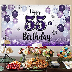 LASKYER Happy 55th Birthday Purple Large Banner - Cheers to 55 Years Old Birthday Home Wall Photoprop Backdrop,55th Birthday Party Decorations.