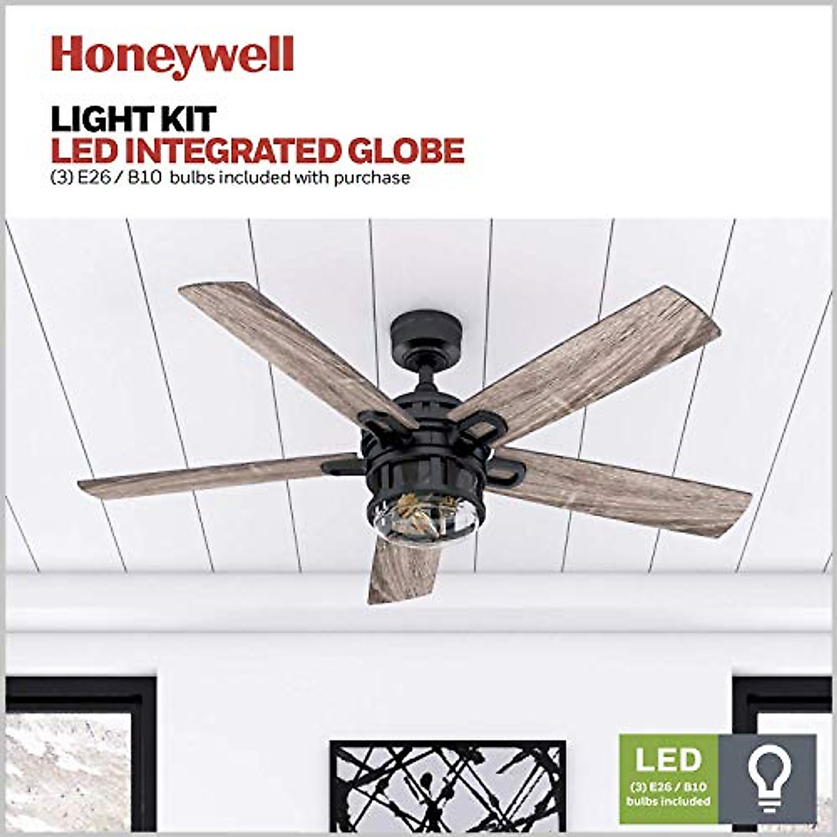 Honeywell Ceiling Fans Bonterra, 52 Inch Contemporary Indoor LED Ceiling Fan with Light and Remote Control, Dual Finish Blades, Reversible Motor - Model 50690-01 (Matte Black)