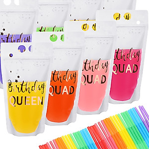20 Pieces Birthday Squad Drink Pouch Bag with Straw Birthday Queen Heavy Duty Hand-Held Translucent Reclosable Zipper Smoothie Juice Pouches Stand-up Plastic Pouches for Birthday Party Adults